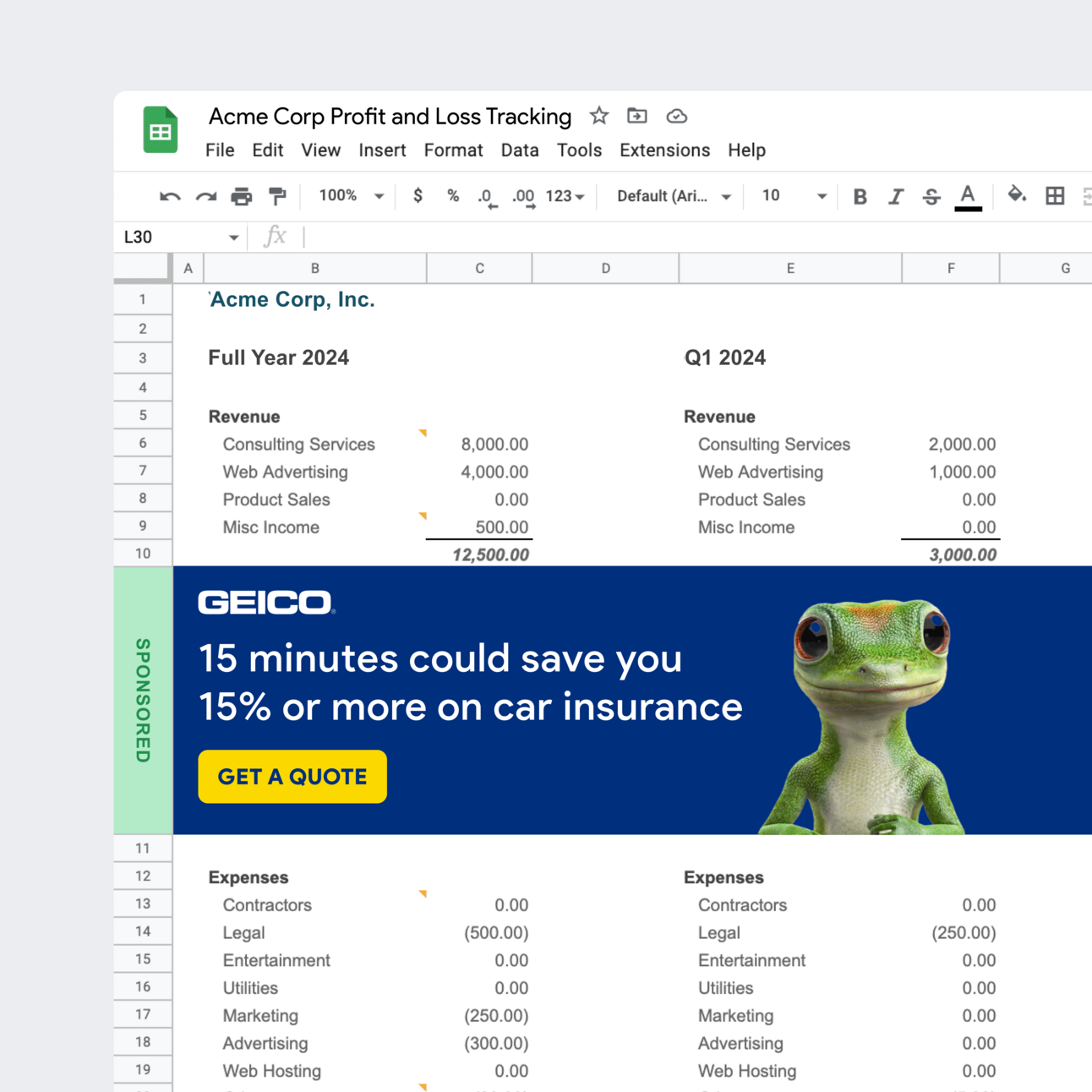 Google Sheets banner ads every 10 rows