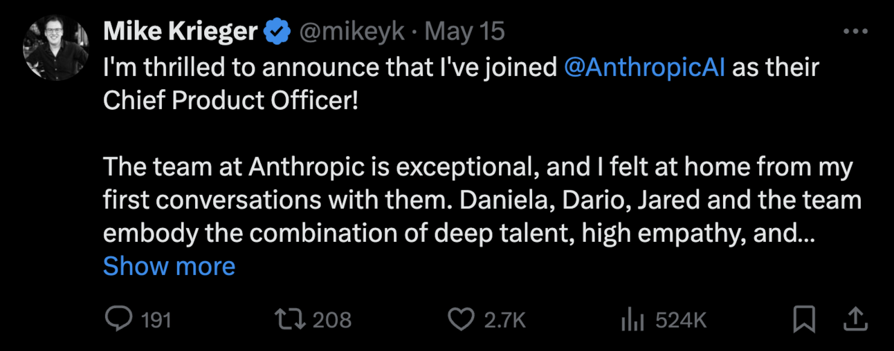 Anthropic announced Mike Krieger, Instagram's co-founder as its CPO