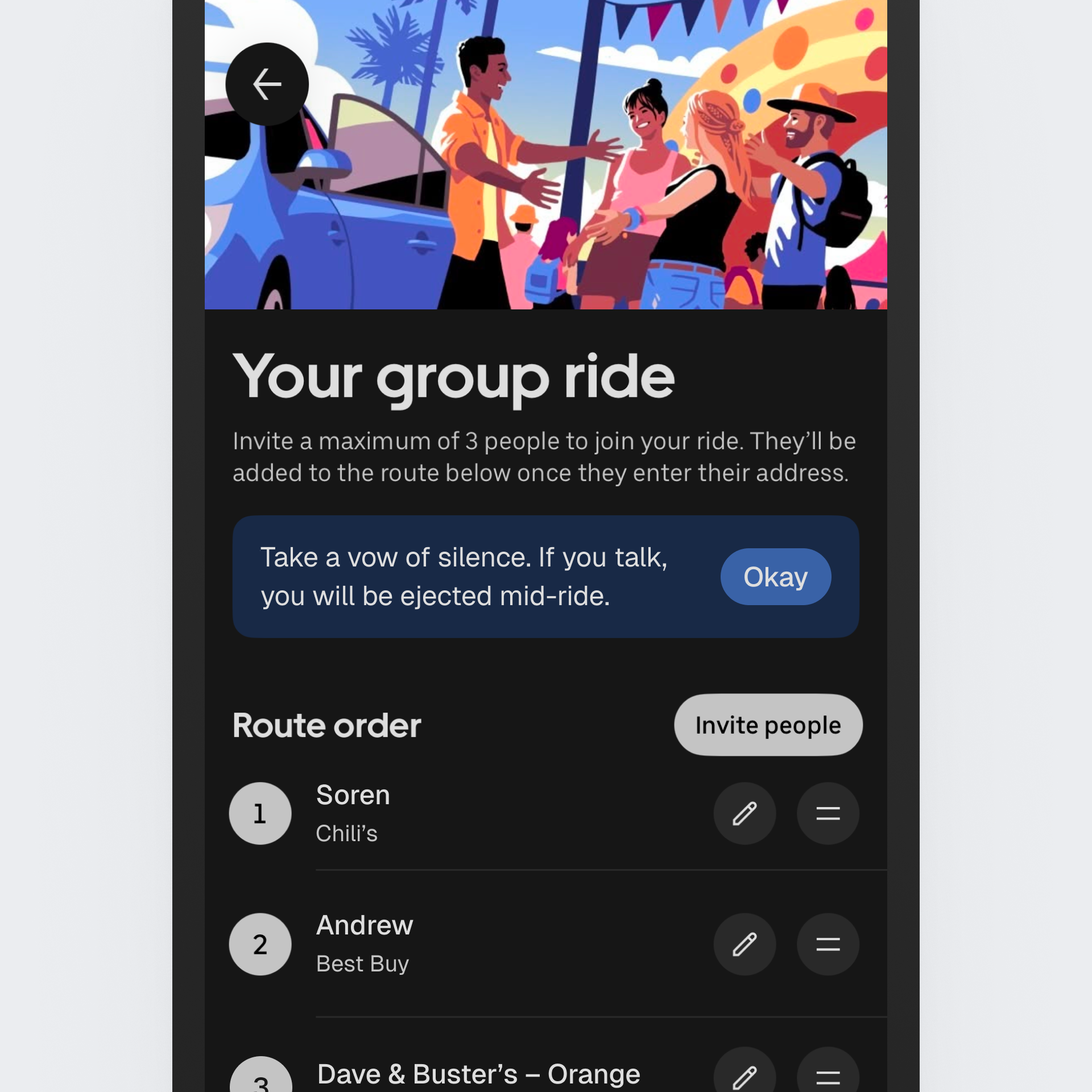 Uber group ride vow of silence