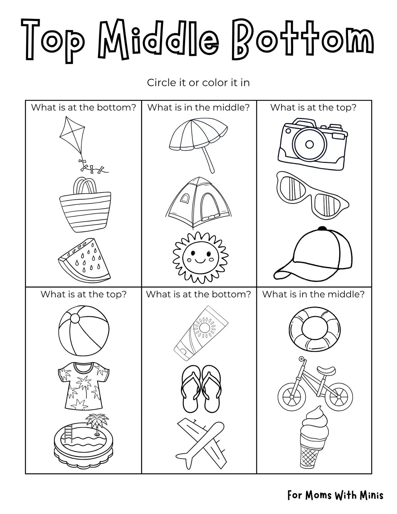 Top Middle Bottom Summer Worksheet