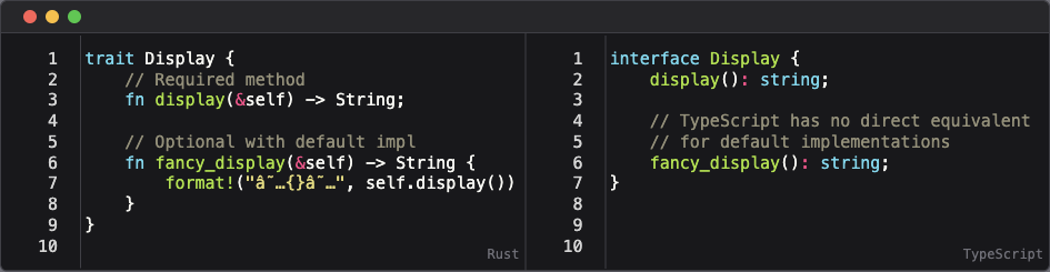 Comparing Rust Traits and TypeScript Interfaces Comparing Rust Traits and TypeScript Interfaces