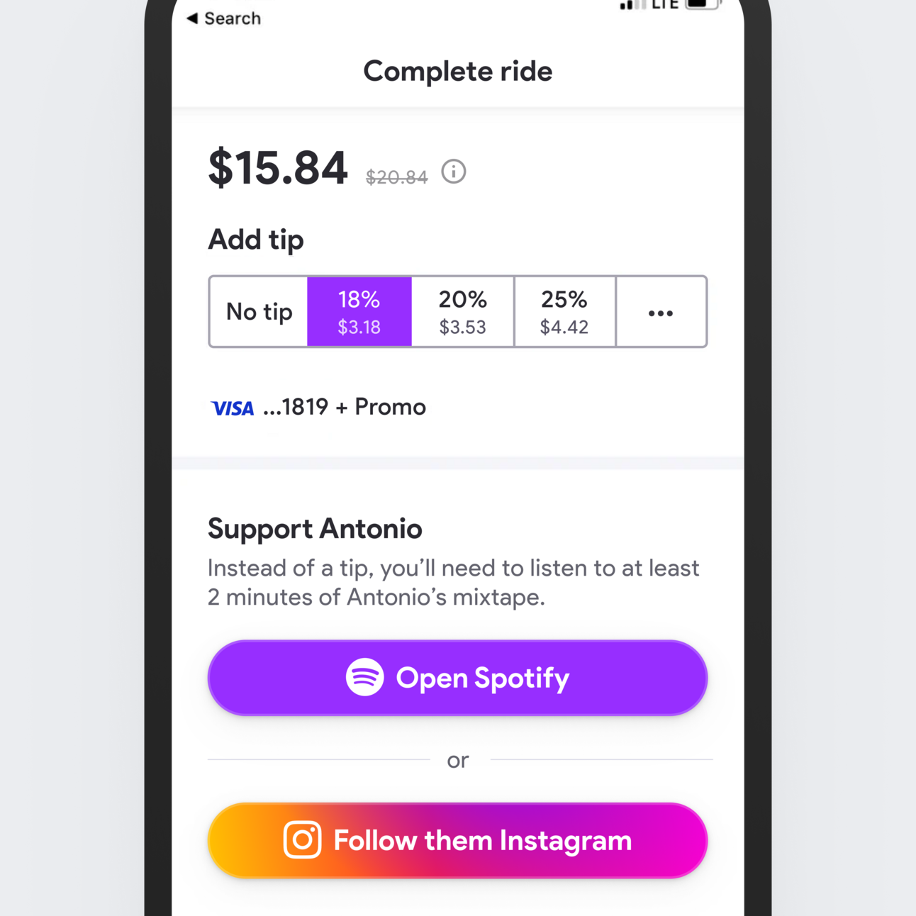 Lyft customizable tipping screen
