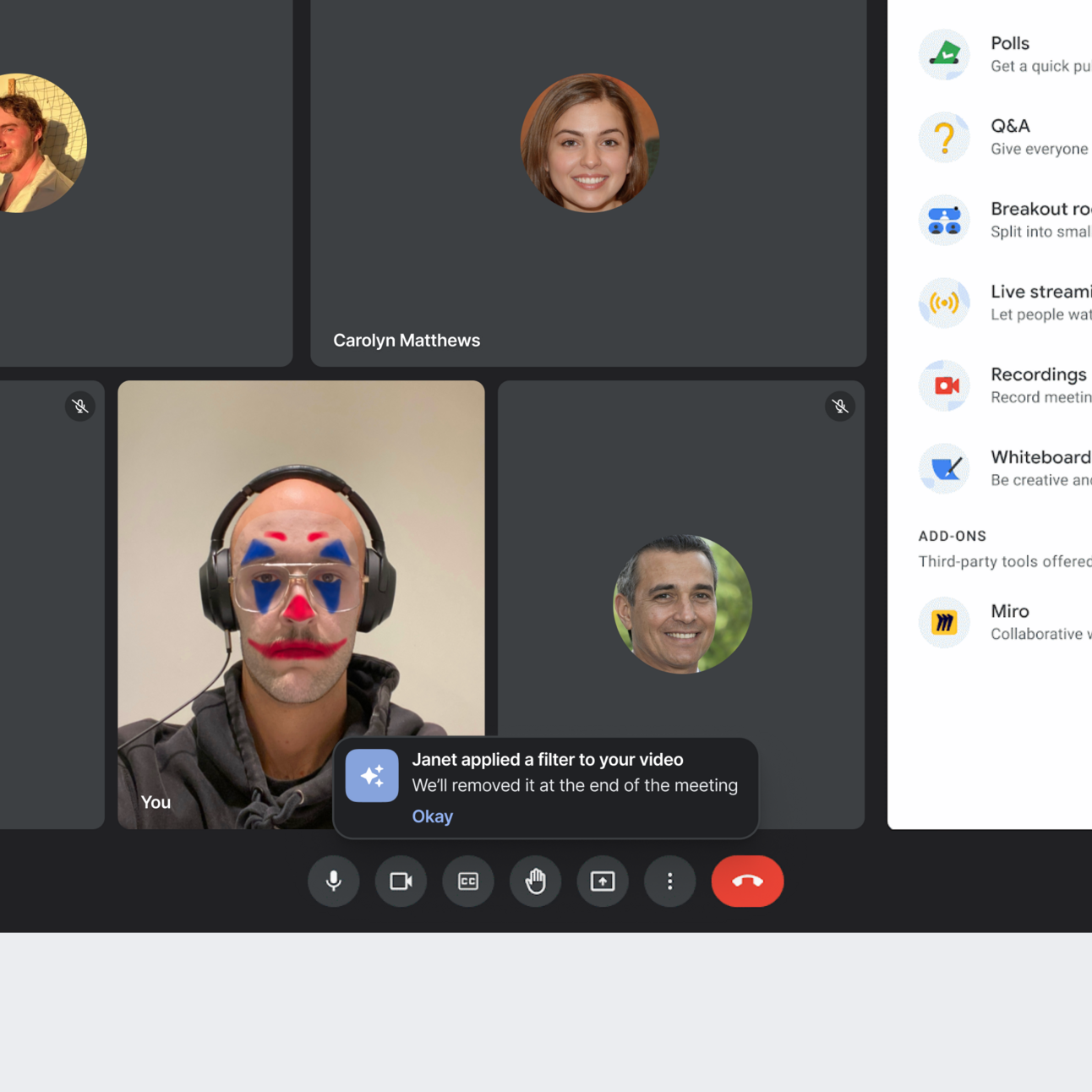 Google Meet option to apply face filters to peers