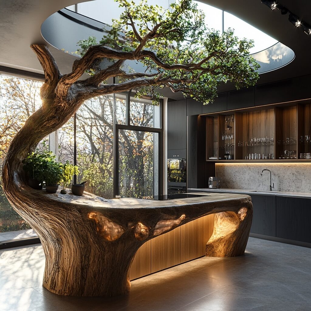 Dramatic Biophilic Kitchen Designs Explore Trees as Architecture