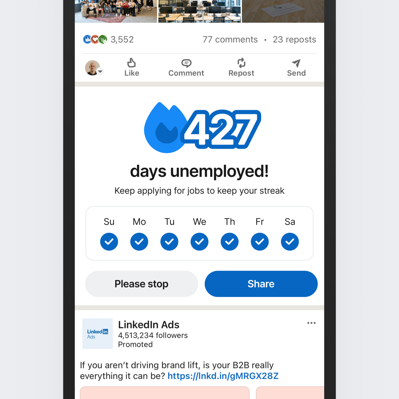 LinkedIn unemployment streak