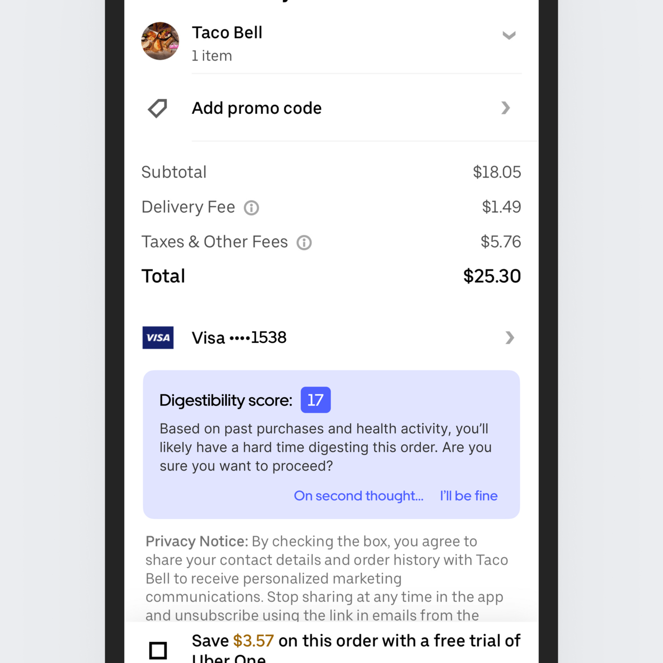 Uber Eats "digestibility score"