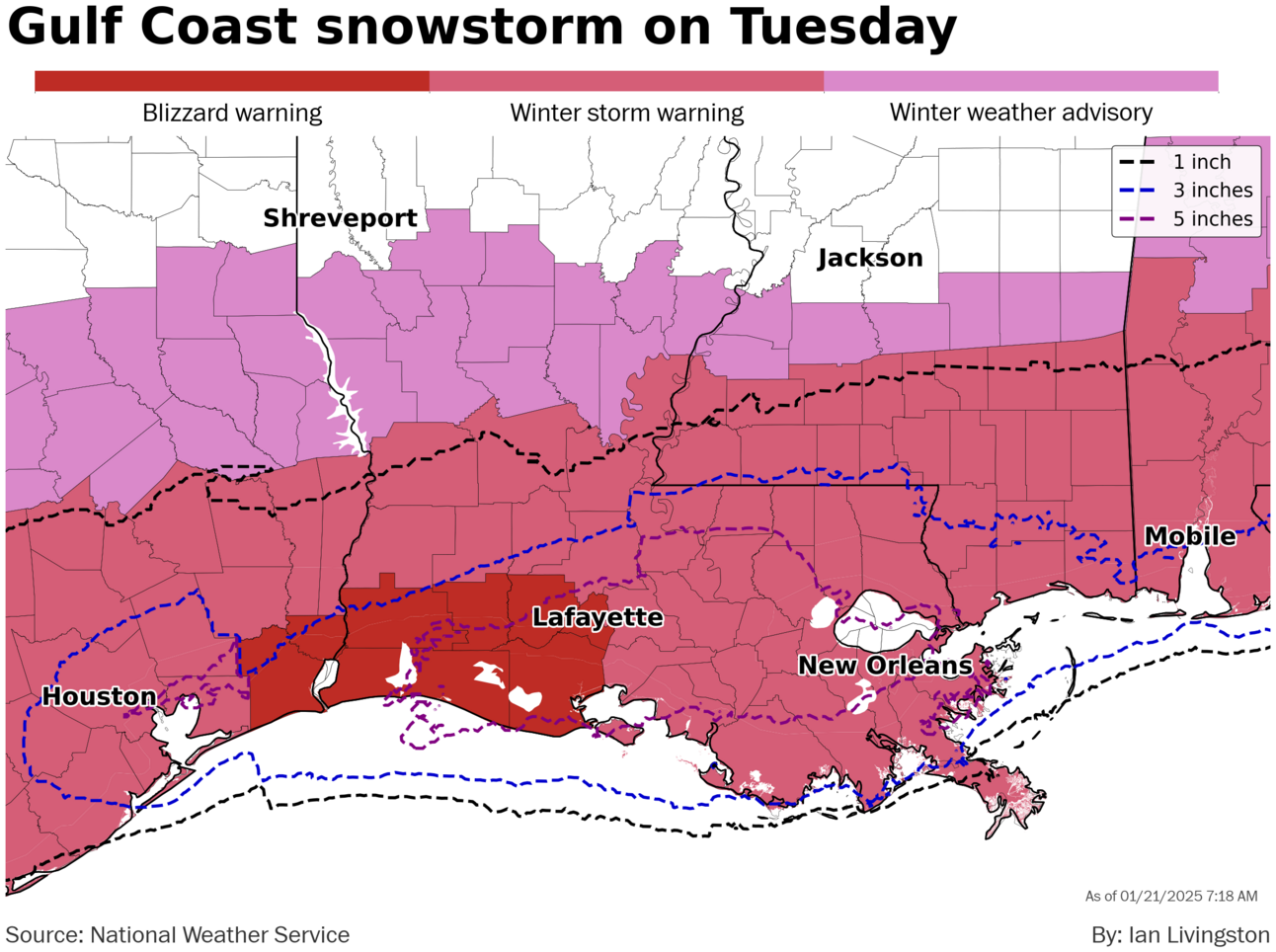 Blizzard warning on the Gulf Coast as rare Southern U.S. snowstorm gets ...