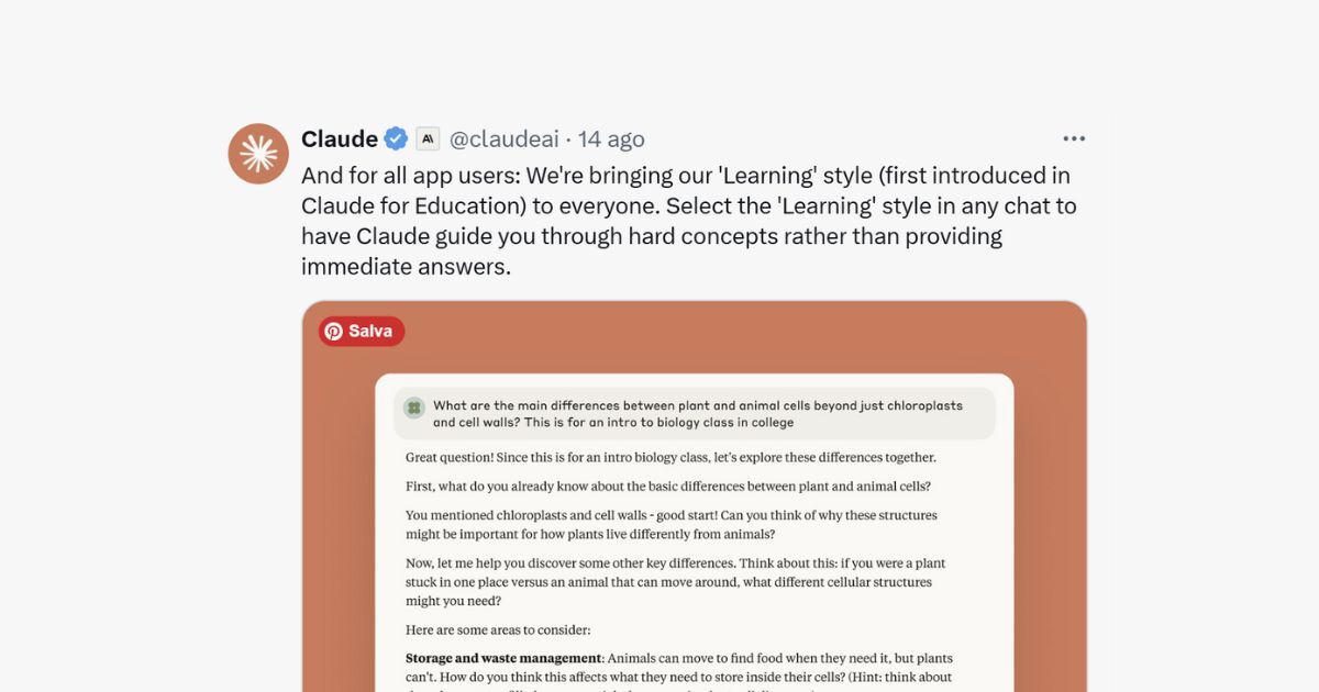 Claude launches learning mode for all users.