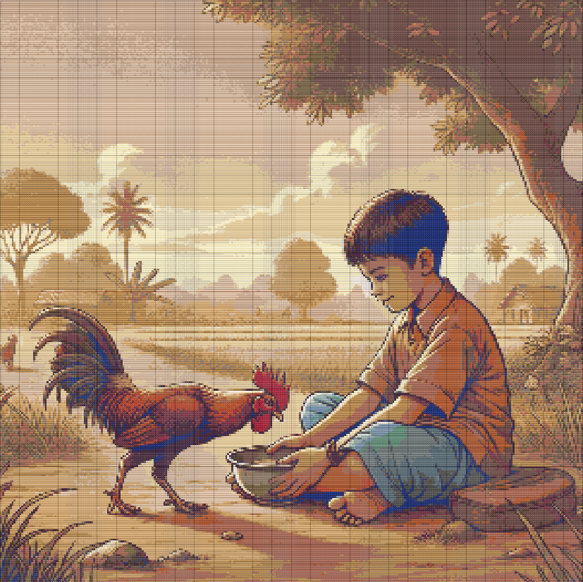 Boy feeding a rooster