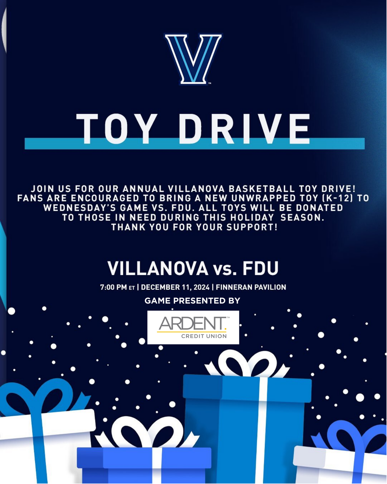 Villanova Men's Basketball hosts FDU and a Toy Drive