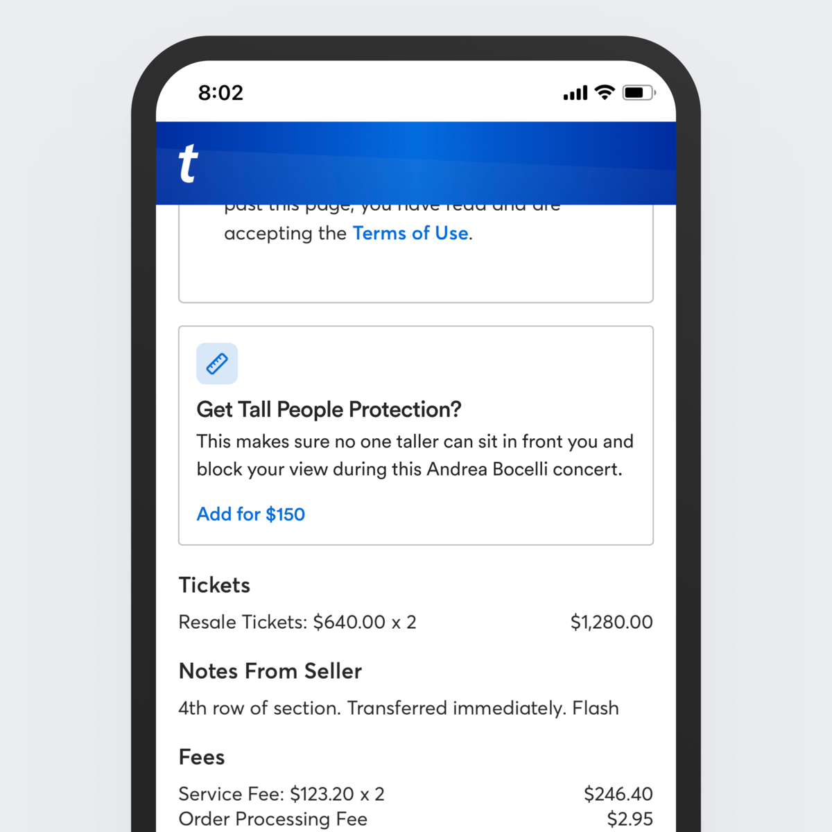 Ticketmaster tall people protection upsell