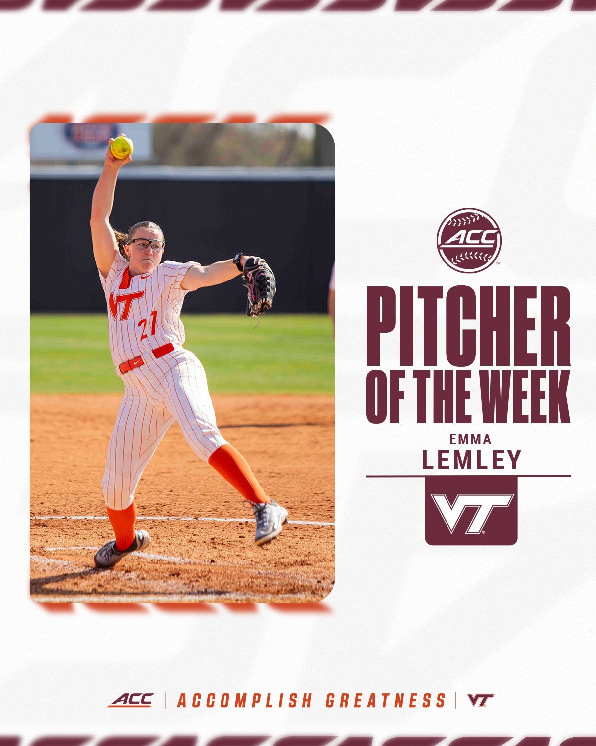 Virginia Tech Hokies softball pitcher Emma Lemley was named the ACC ...
