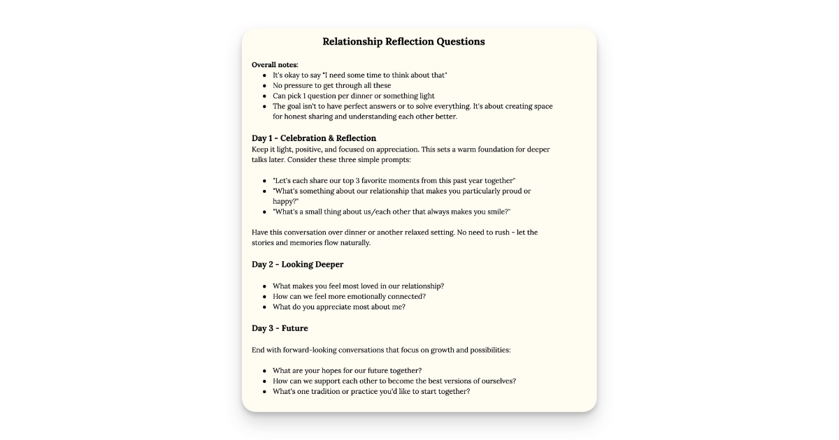 🌱 Relationship reflection questions (template + cabin retreat)