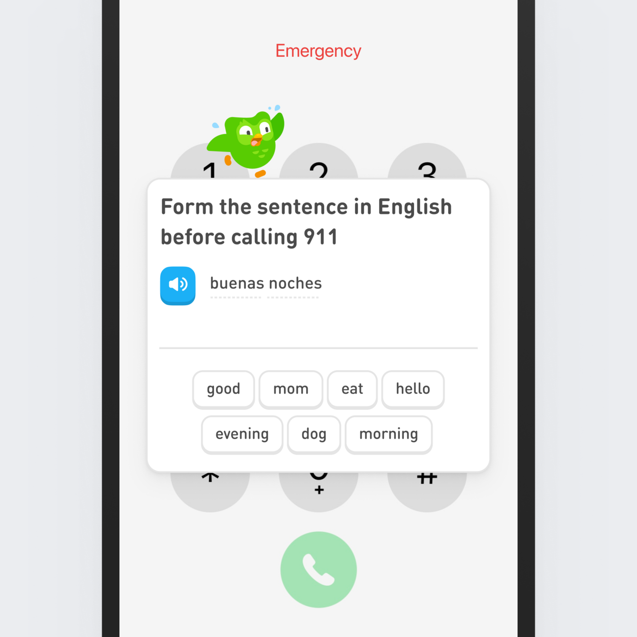 Duolingo complete the sentence to call 911